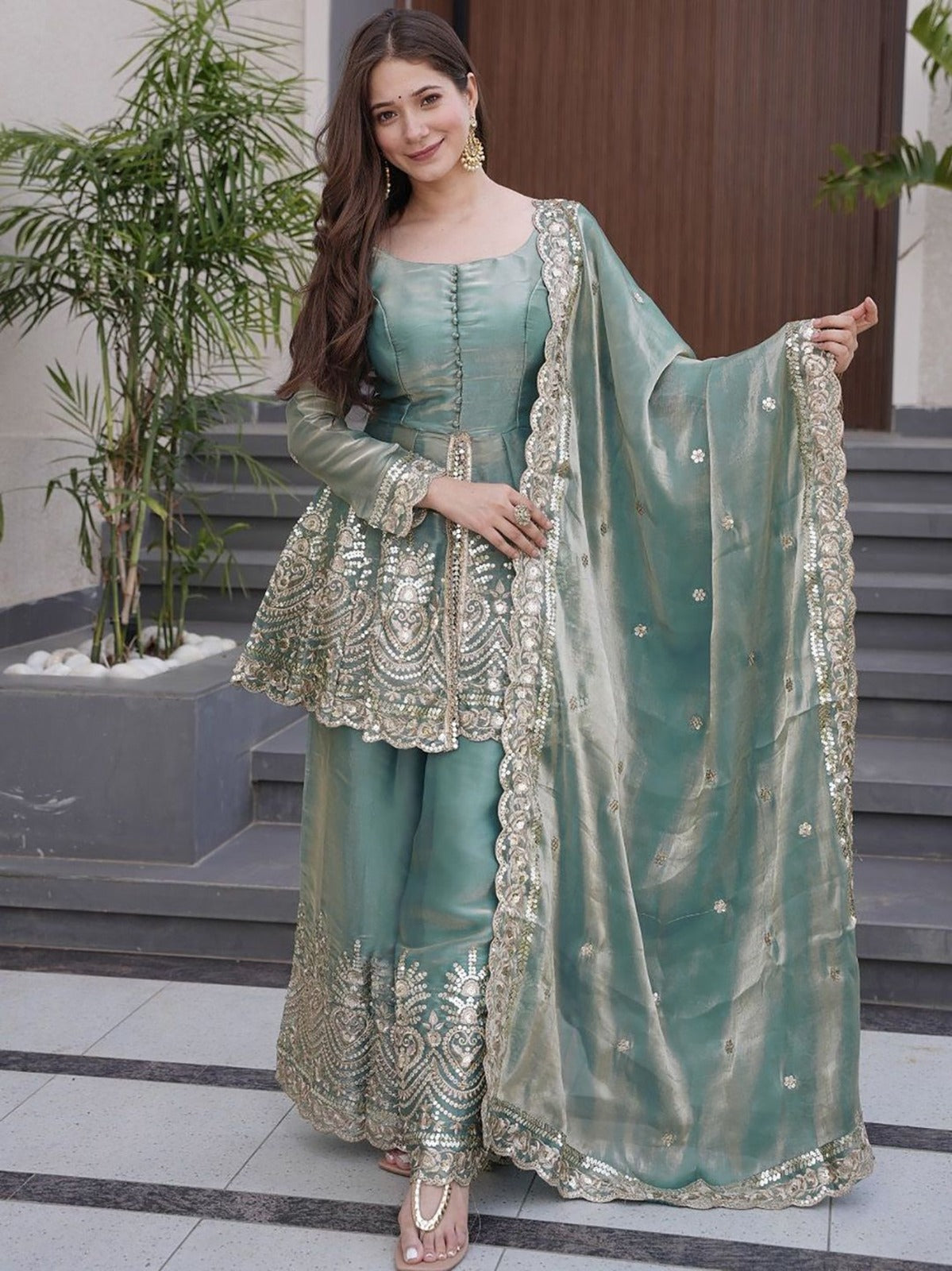 Sky Blue Fandy Silk Embroidered Sharara Set with Dupatta – Ibis Fab