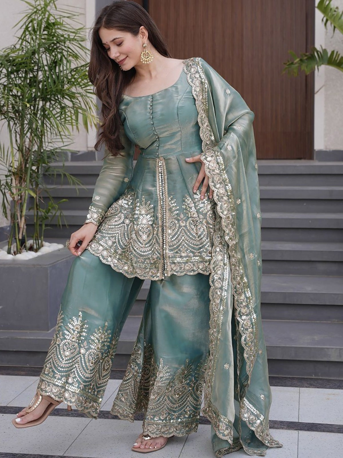 Sky Blue Fandy Silk Embroidered Sharara Set with Dupatta – Ibis Fab