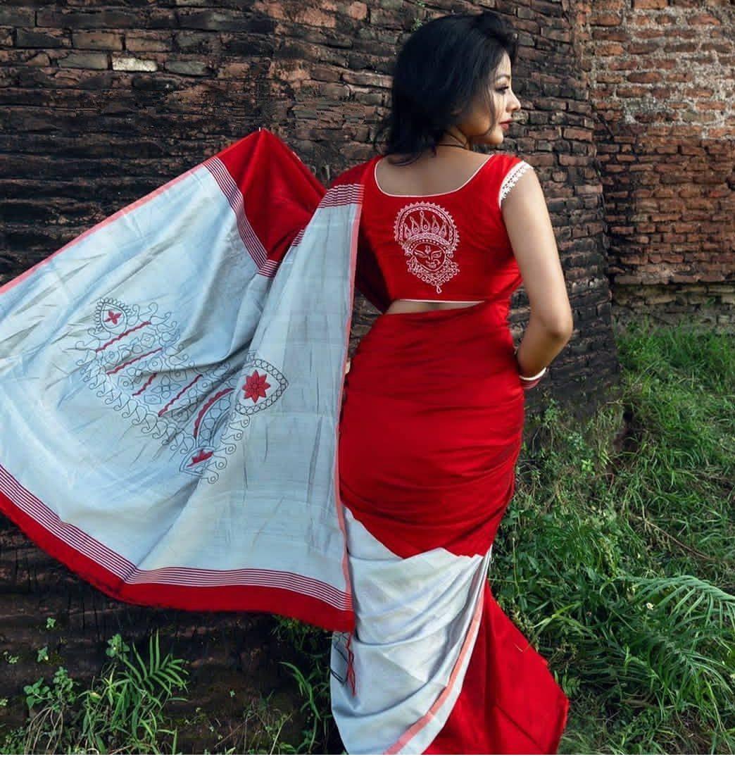 Beautiful Durga Puja White & Red Color Indian Saree