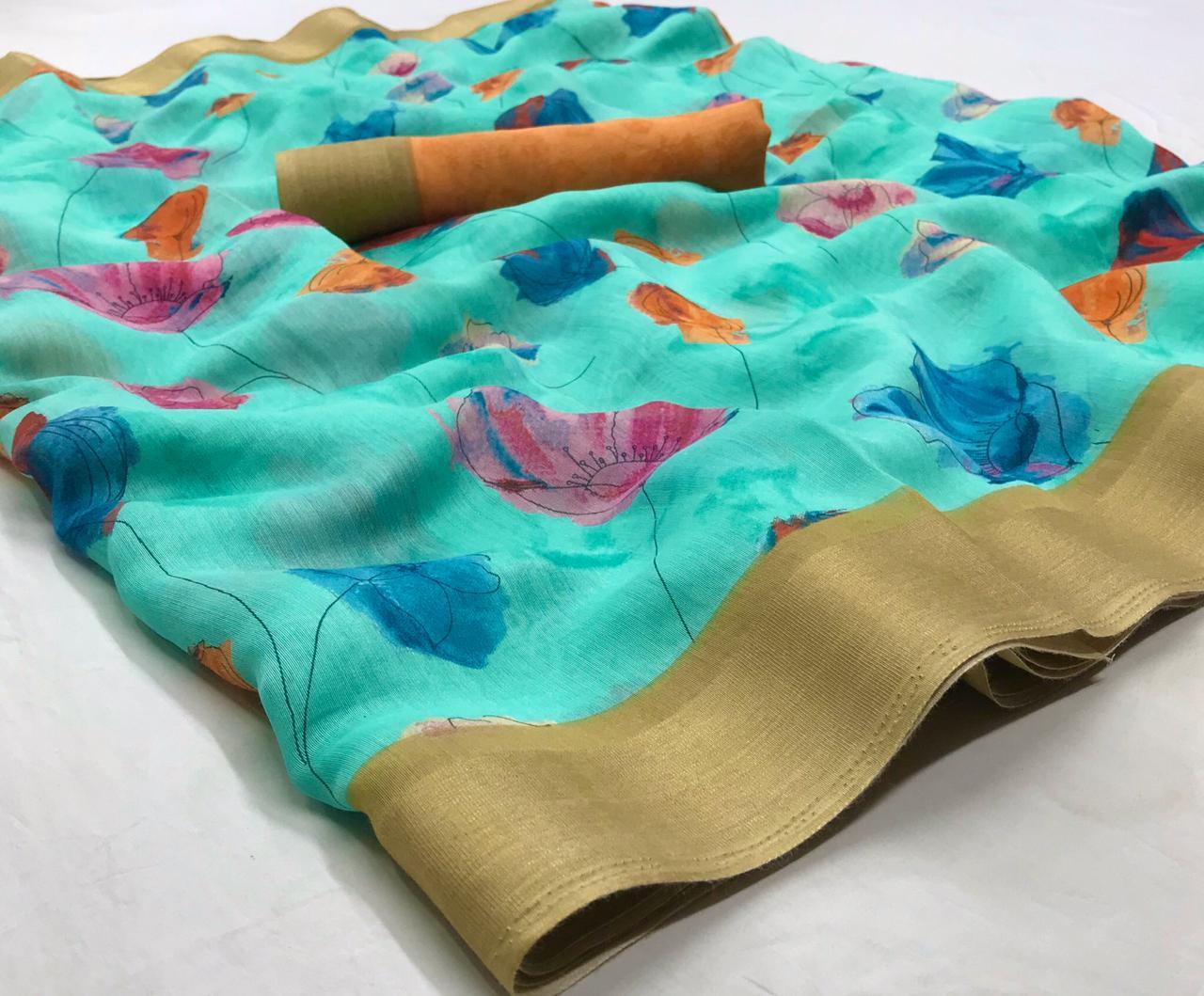 Impressive Rama Colored With Gold Border Partywear Printed Pure Linen